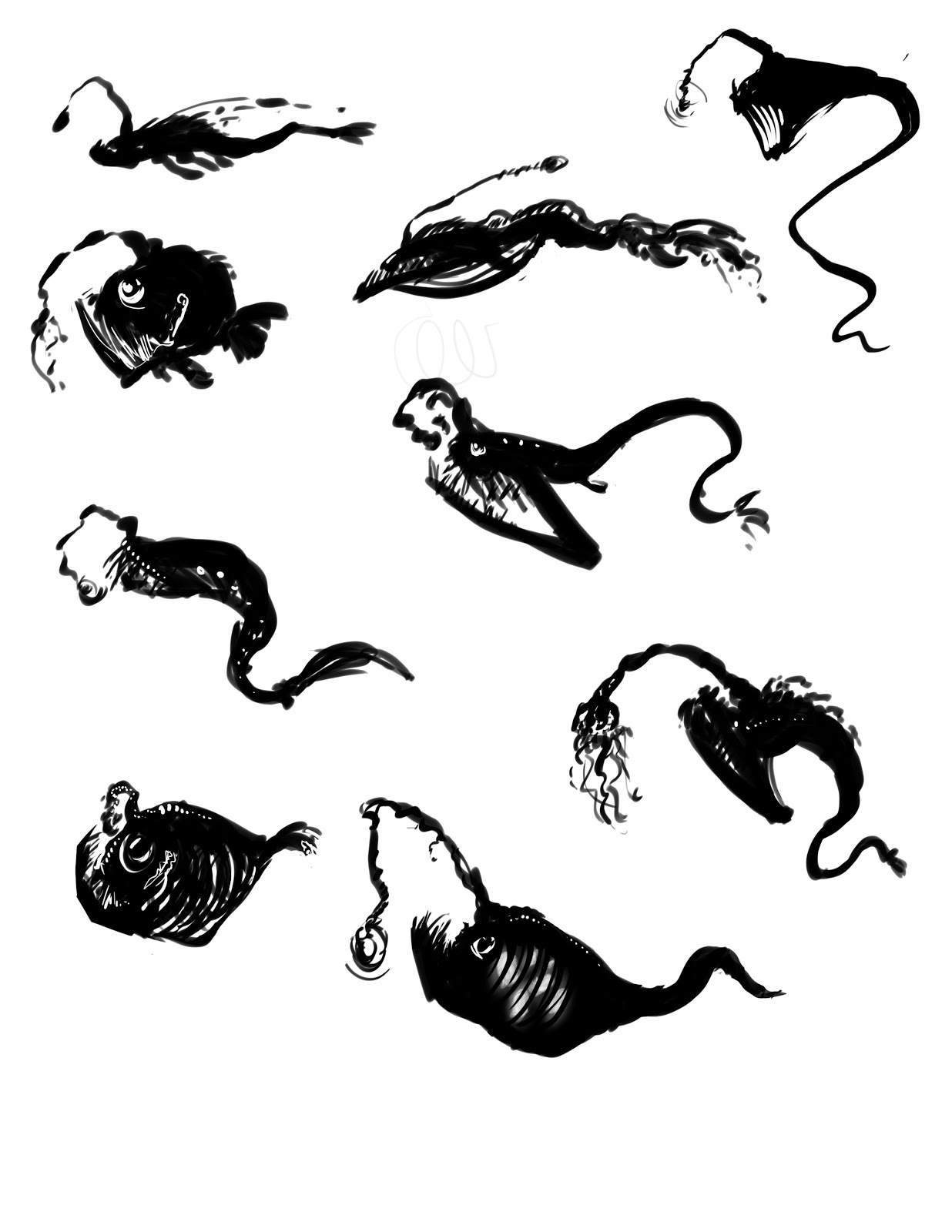 Dark Waters: creature design: Anglerfish sihouettes