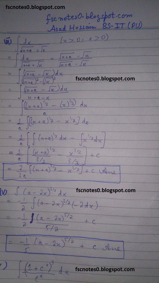 FSc ICS Notes Math Part 2 Chapter 3 Integration Exercise 3.2 Complete