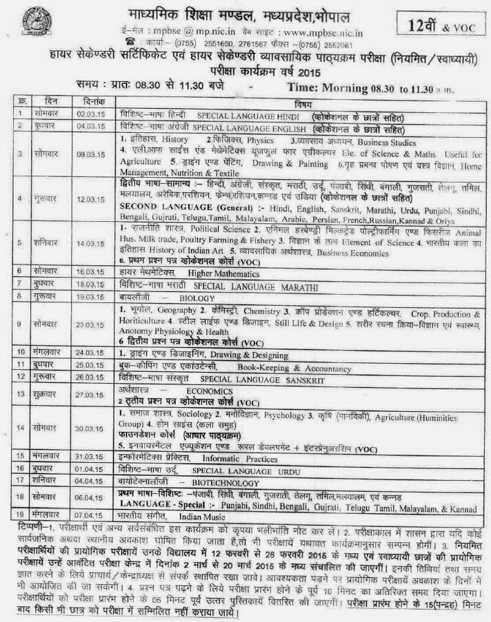 MP Board 12th Class Supplementary Exam Time Table 2015 | EdNewz