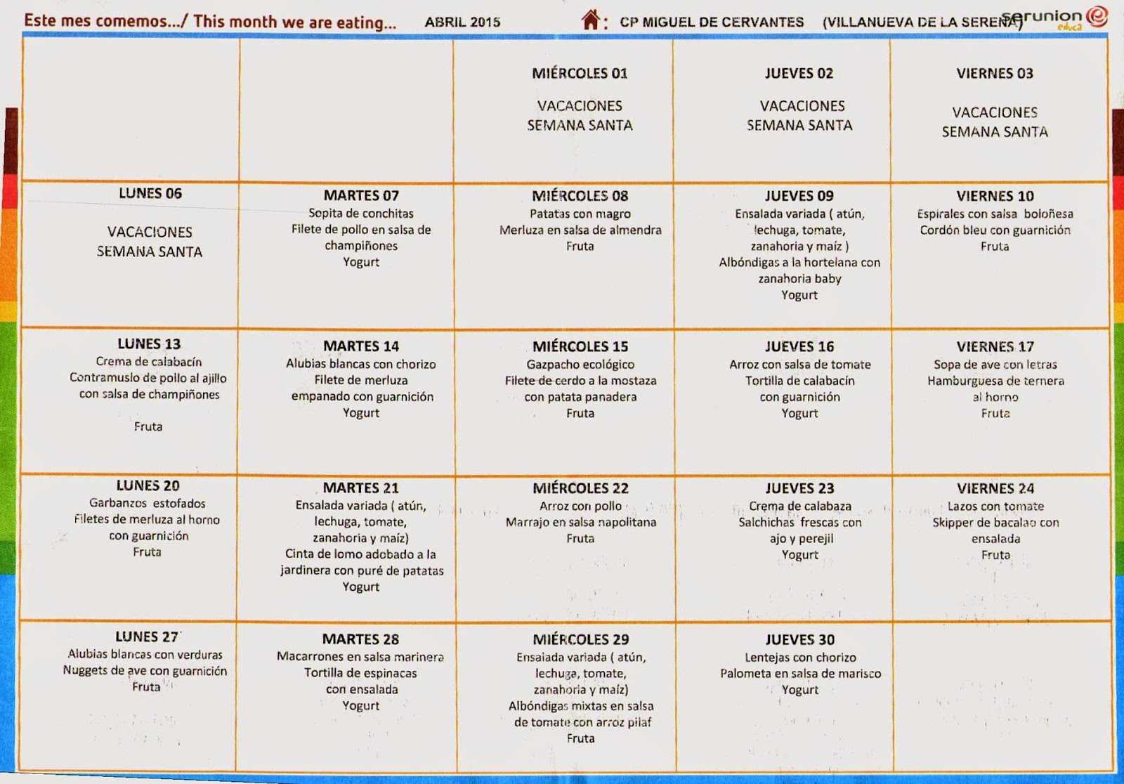 A.M.P.A. C.E.I.P. CERVANTES : MENÚ COMEDOR MES DE ABRIL 2015