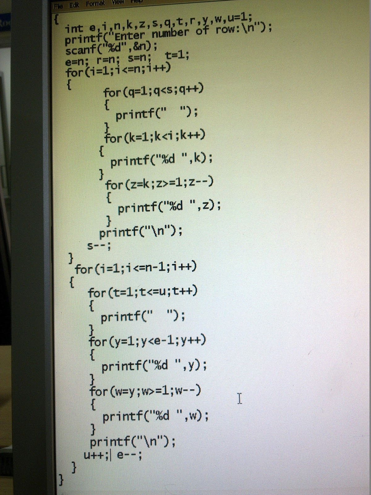 C Program Zone C Program To Print The Following Output Format On The