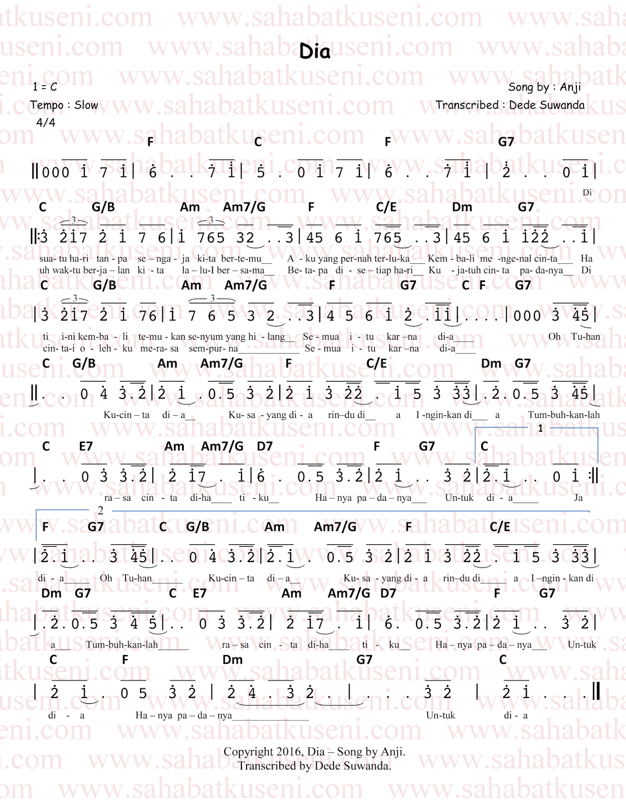 Partitur Not Angka Lagu Dia by Anji - Jasa Menulis Partitur Not Angka ...