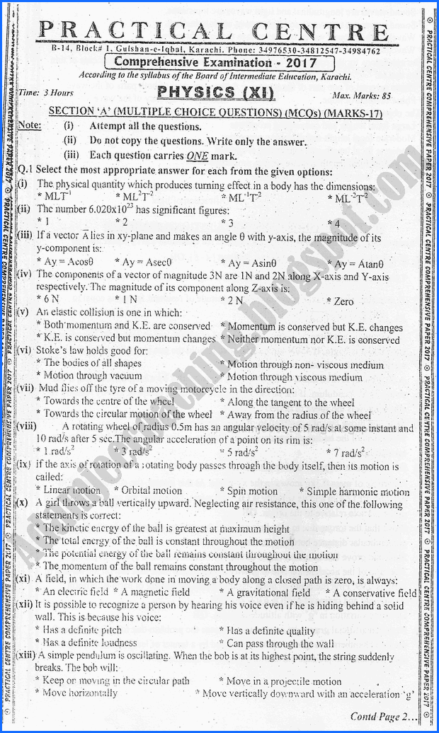 Adamjee Coaching: Physics 11th - Practical Centre Guess Paper 2017