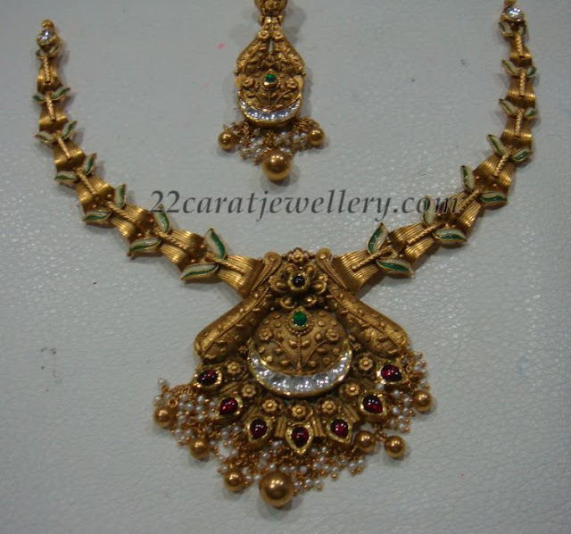 Designer Gold Necklaces with Antique Finished - Jewellery Designs