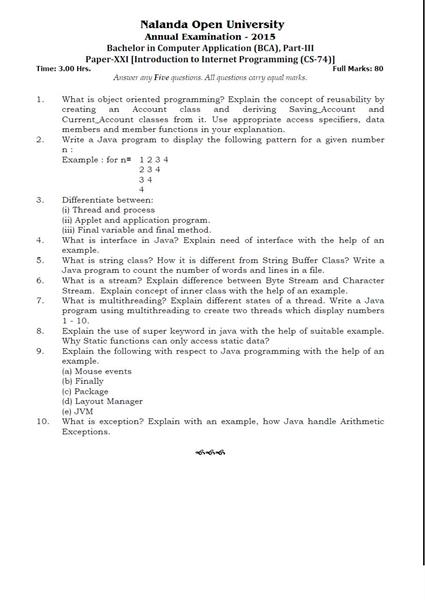 Nalanda Open University BCA CS74 Introduction to Internet Programming 2015 Question Paper ...