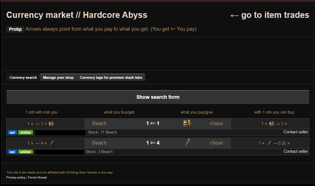 PoEの話: Map stash tabを使ってCurrency marketに出品する方法