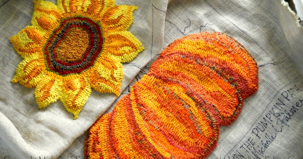 Michelle Palmer: Sunflower in the pumpkin patch hooked rug~