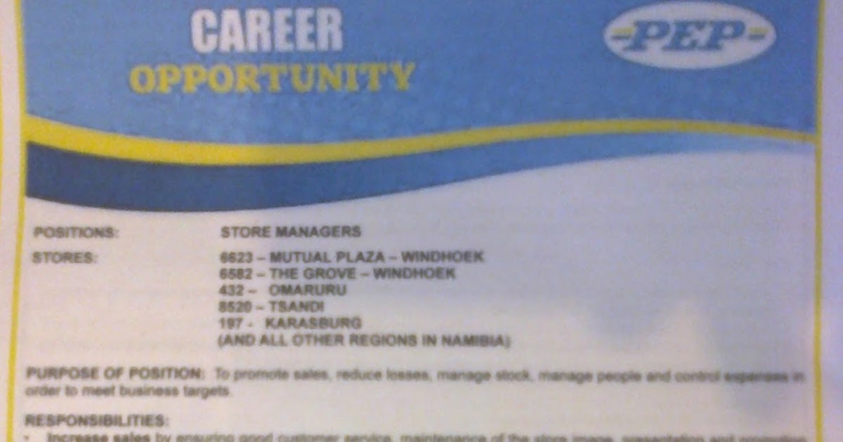 Jobs in Namibia: Job Vacancies – Store Managers Wanted @ PEP Stores in ...