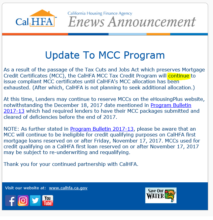 Mortgage Loans : MCC Tax credit gone?