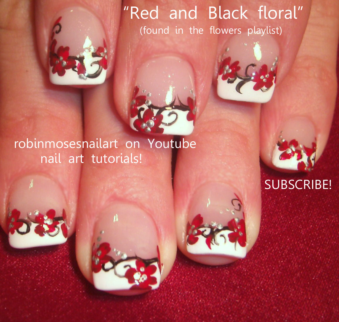 Nail Art by Robin Moses: DIY Fall Nails! Red flowers on black and white ...