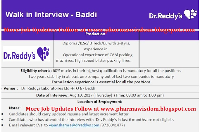 Dr.Reddy's Laboratories - Walk-In Interview for Production Department ...