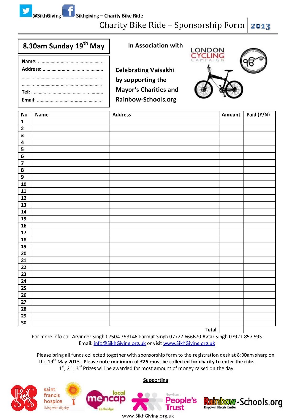 Charity Bike Ride - SikhGiving.org.uk: Sponsorship Form 2013