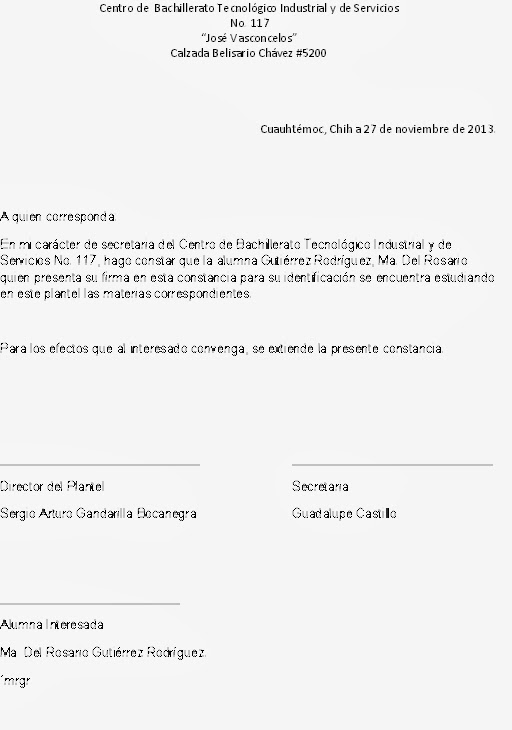 Maria del Rosario Gutierrez, CBTIS 117: Constancia personal