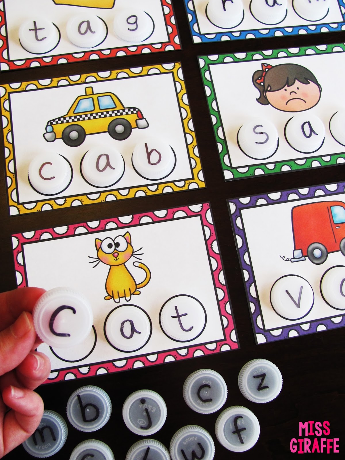 Miss Giraffe's Class: Bottle Cap CVC Word Building Centers