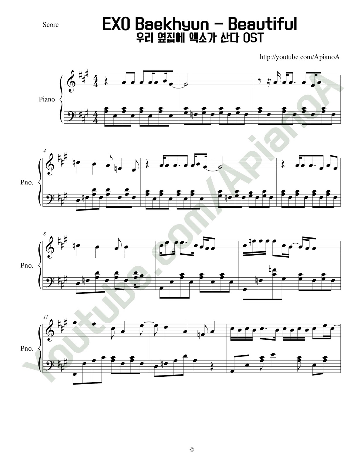 ApianoA Kpop Piano Cover: EXO Baekhyun Beautiful piano sheets