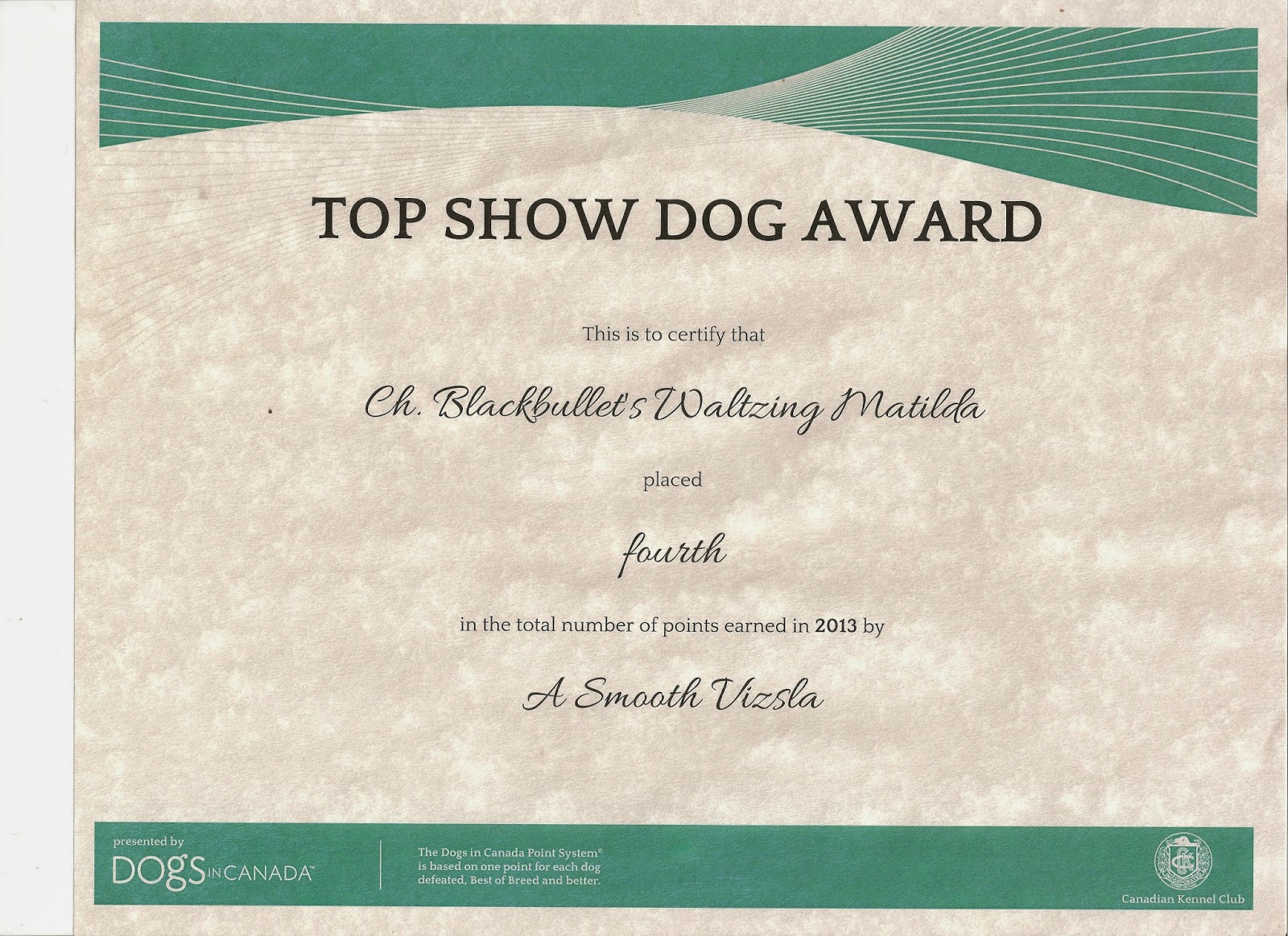Blackbullet Dogs: Top Dog Award Certificate