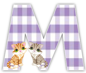 Aflabeto de gatos en fondo cuadriculado morado. - Oh my Alfabetos!