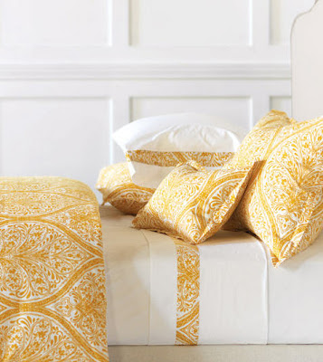 Saffron Yellow and White Damask Print Bedding & Sheets | Sheet Envy
