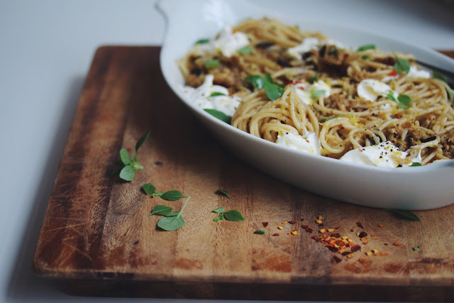 Smokey Charred Eggplant Spaghetti with Burrata, Lemon and Micro Basil