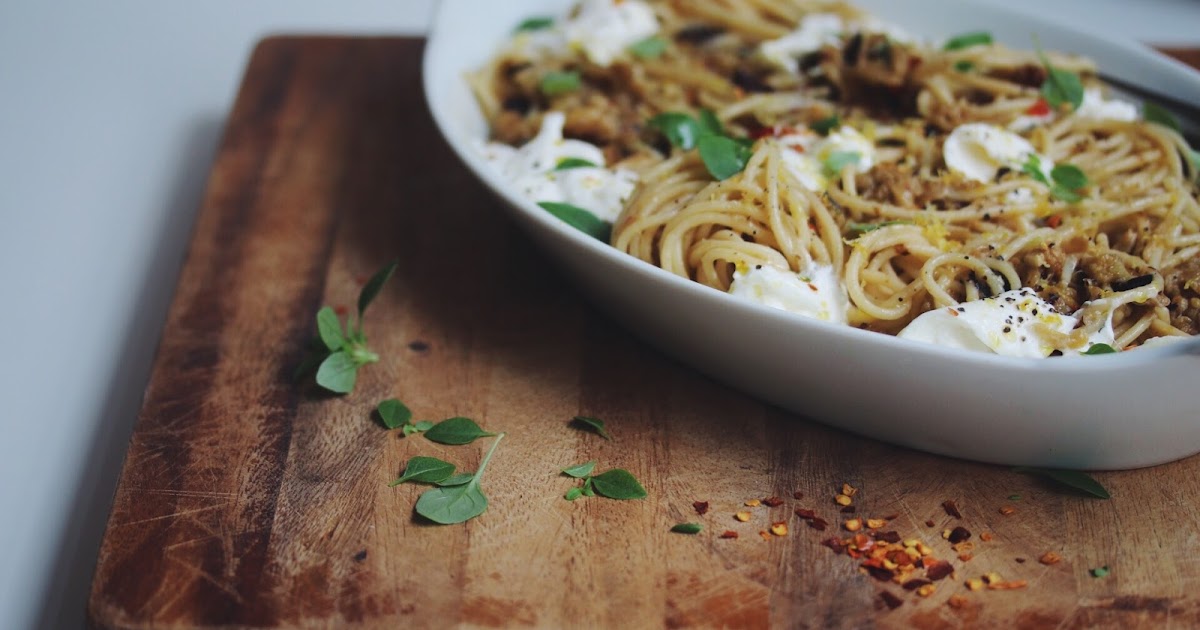 Smokey Charred Eggplant Spaghetti with Burrata, Lemon and Micro Basil