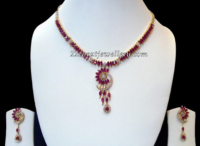 Simple Ruby Set with Diamond Combination - Jewellery Designs