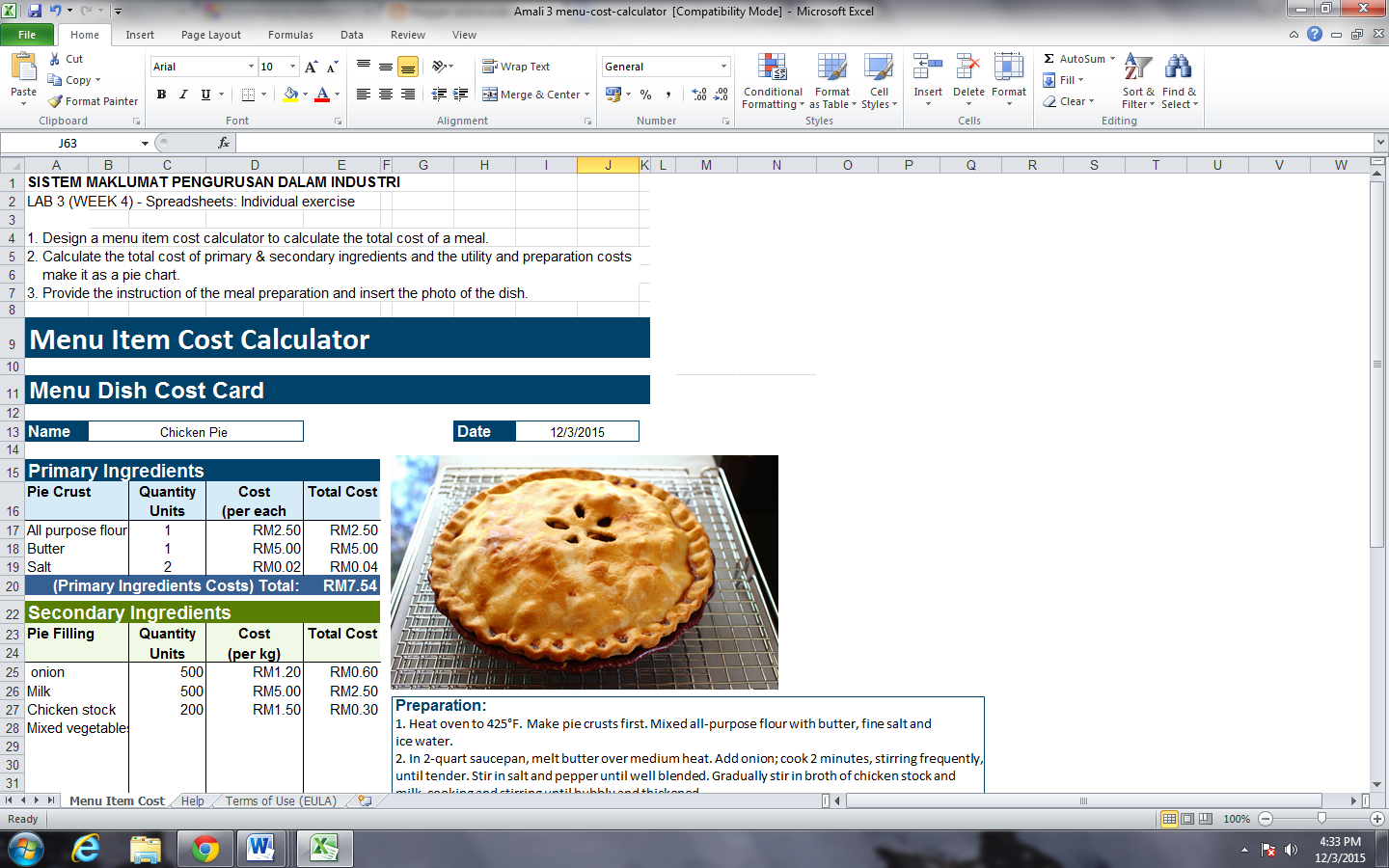 FSM4503 : INFORMATION SYSTEMS IN FOOD SERVICES: Excel ~ Menu Item Cost ...