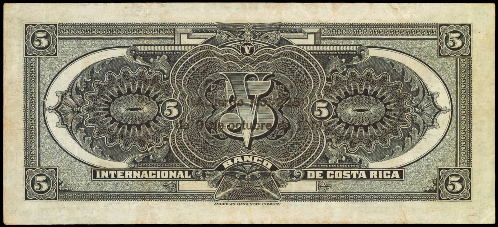 Costa Rica 5 Colones banknote 1918 Banco Internacional de Costa Rica ...
