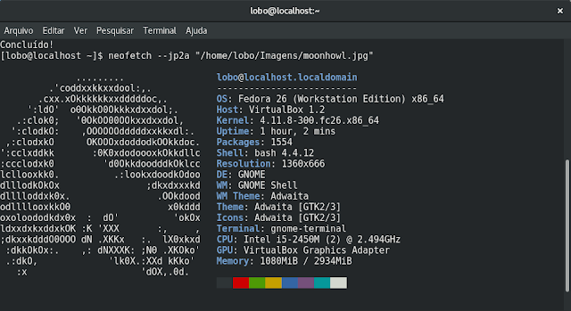 Informações do sistema com neofetch, para Fedora 26.