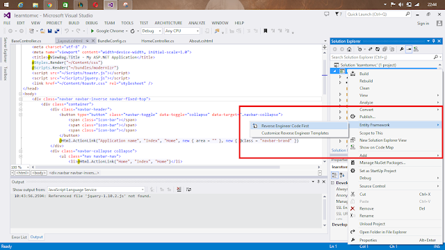 ASP.NET MVC entity framework Reverse Engineer Code First Visual Studio 2013,2015 Addons Ekleme