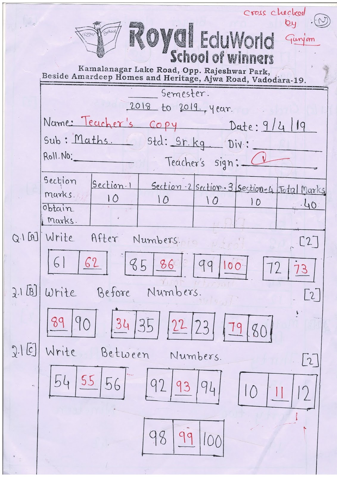 Sr K.G Final Exam paper MATHS