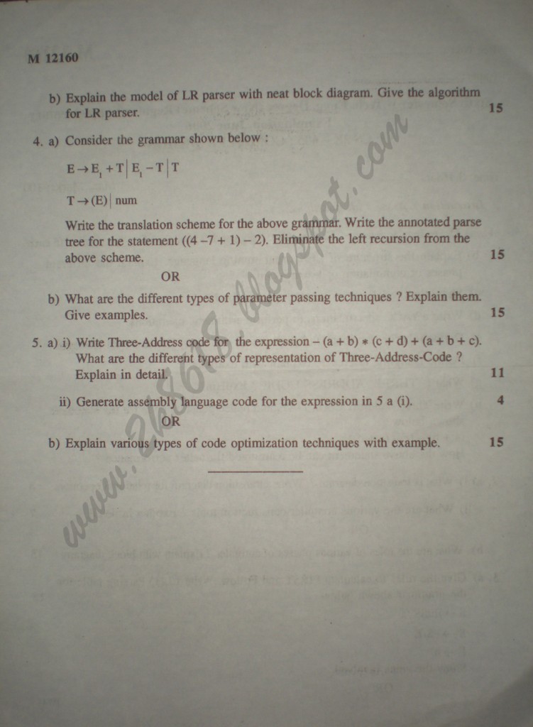 Compiler Design Previous Question Paper Sixth Semester Btech Engineering Degree