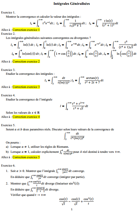 Exercices corriges integrales generalisees SMPC S2 - ExoSup Exercices corriges integrales generalisees SMPC S2 - ExoSup