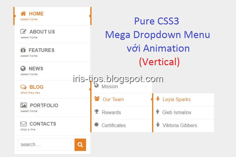 Pure CSS3 Mega Dropdown Menu với Animation (Vertical) ~ Iris Tips