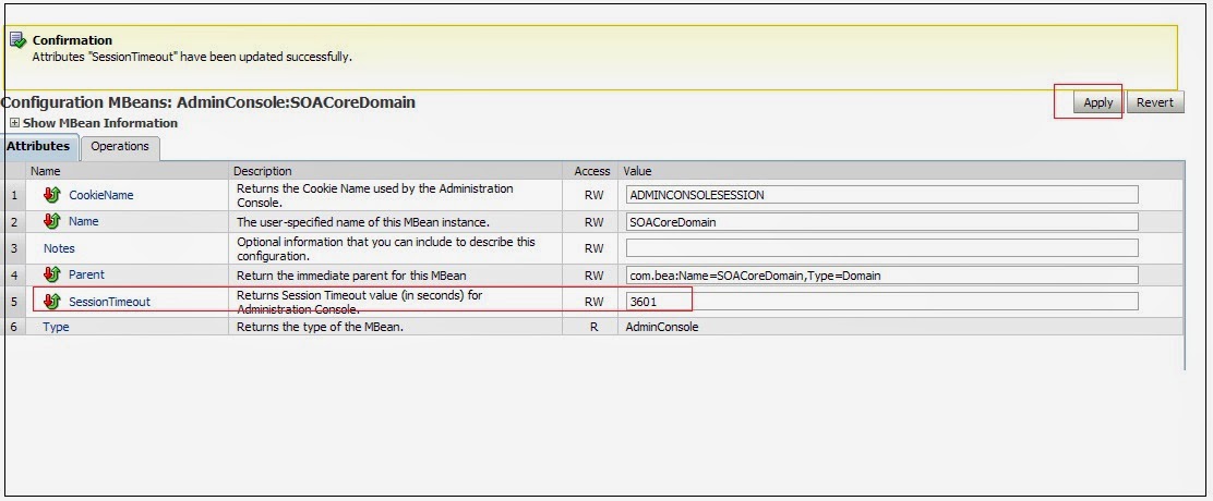 Changing the weblogic server admin console timeouts.