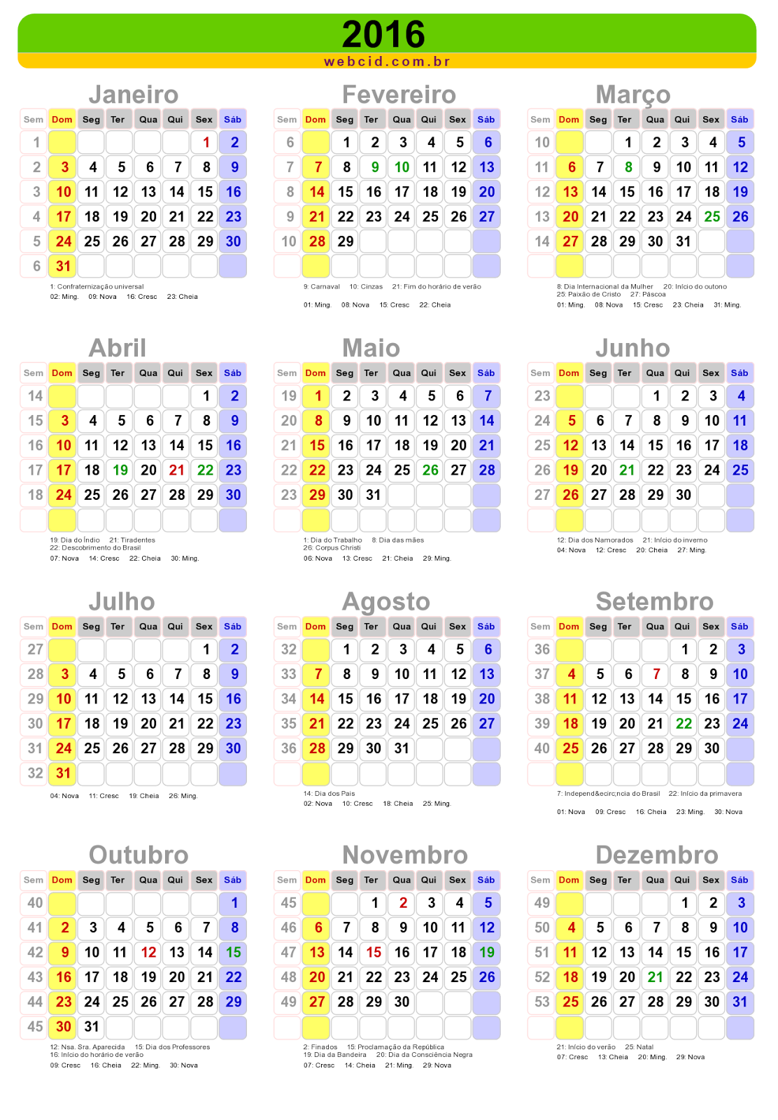 CALENDÁRIO 2016