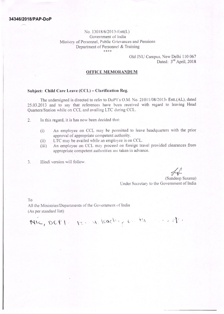 Child Care Leave (CCL) - Clarification : Department of Posts ~ India ...