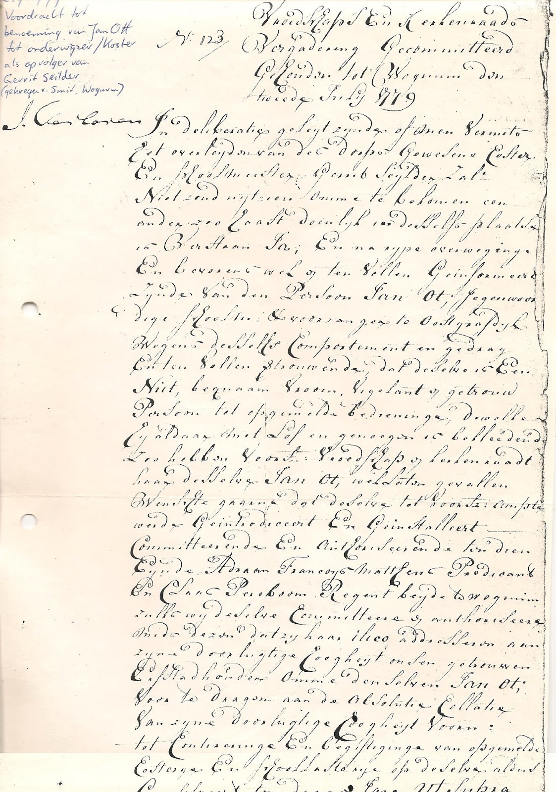 Ott ~ voorouderonderzoek: 1779 juli 2 voordracht Jan Ott Wognum