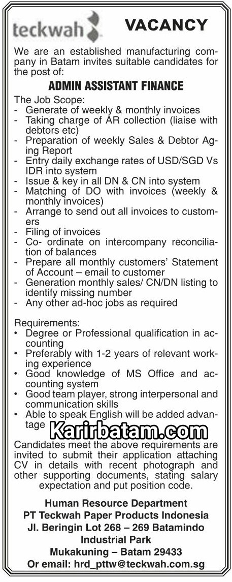 Lowongan Kerja PT. Teckwah Paper Products Indonesia - Lowongan Kerja ...