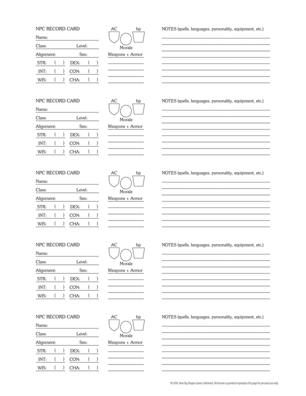Save Vs. Dragon: Free PDF Download! BX PC & NPC Record Cards (Business ...