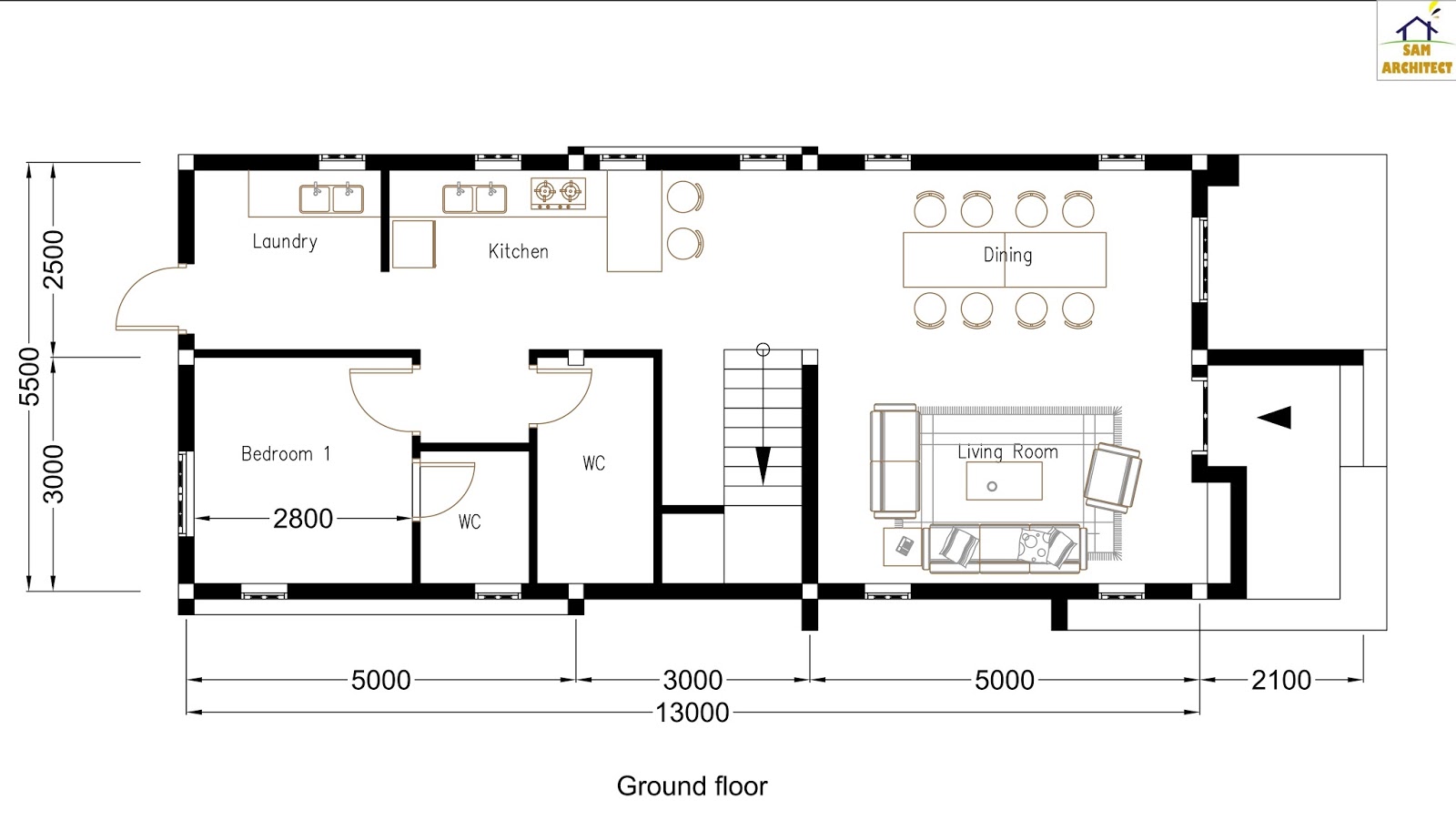 SketchUp Modern Home Plan 5.5x13m With 6 Bedroom - House Plan Map