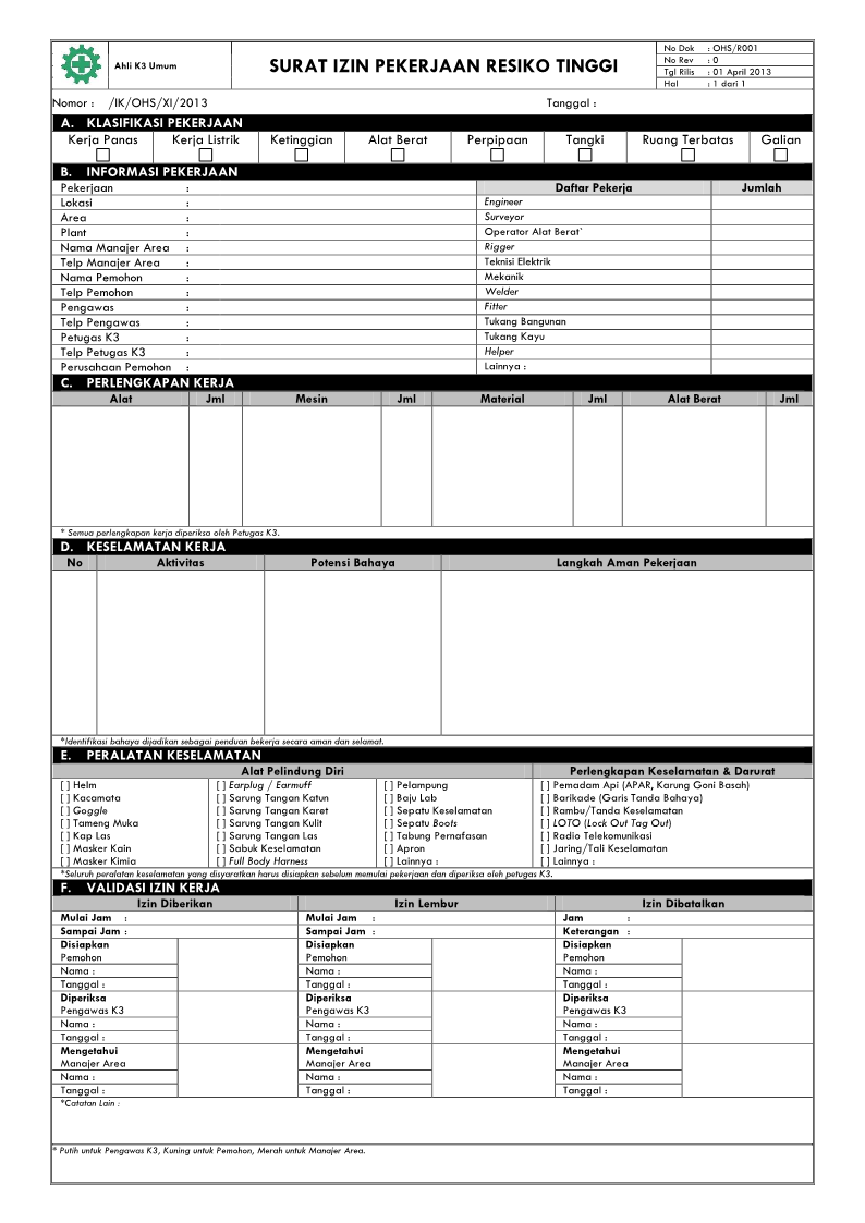Formulir Izin Kerja K3 | Ahli K3 Umum