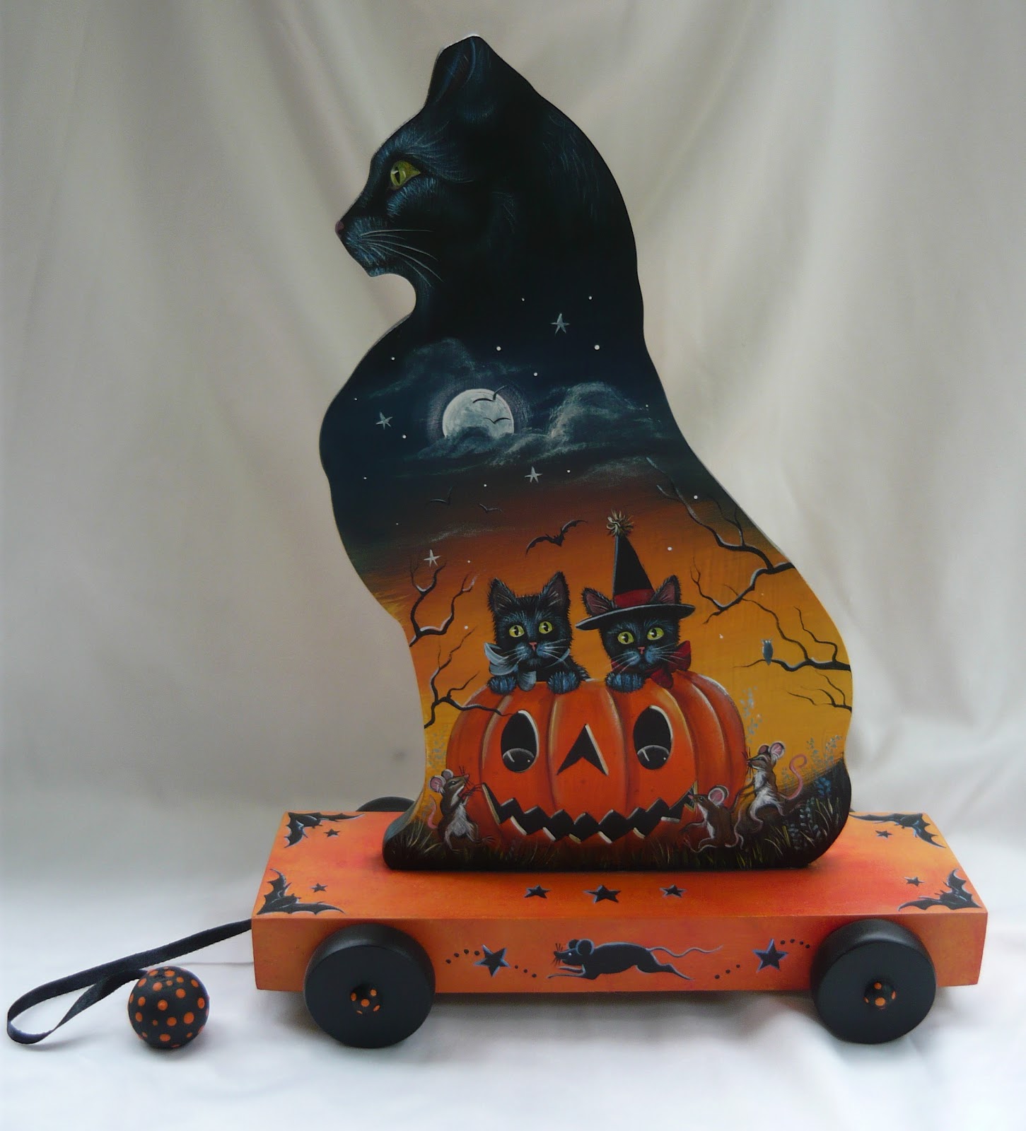 MAGIC BRUSH STUDIO: OOAK HALLOWEEN BLACK CAT PULL WAGON on e-Bay tonight
