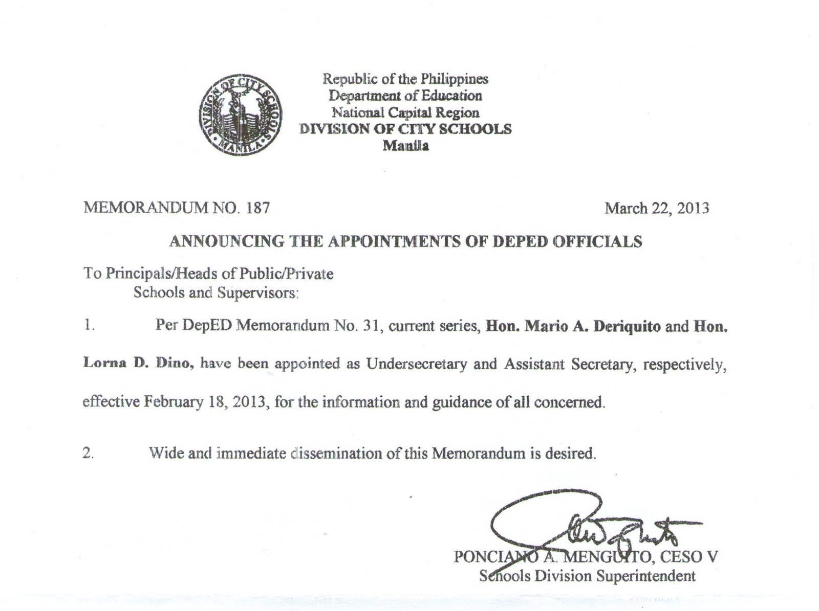 Department of Education Manila: Appointments of DepEd Officials