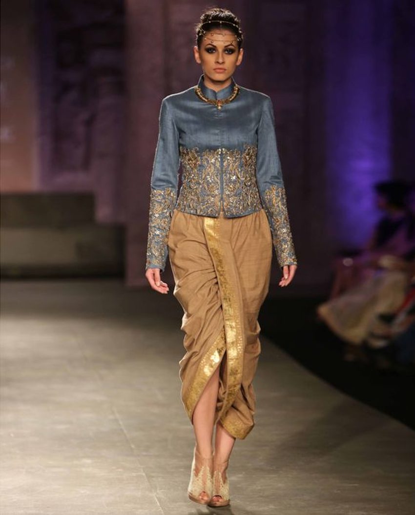 BLUE AND MUSTARD INDO WESTERN STYLE PARTY WEAR DRESS