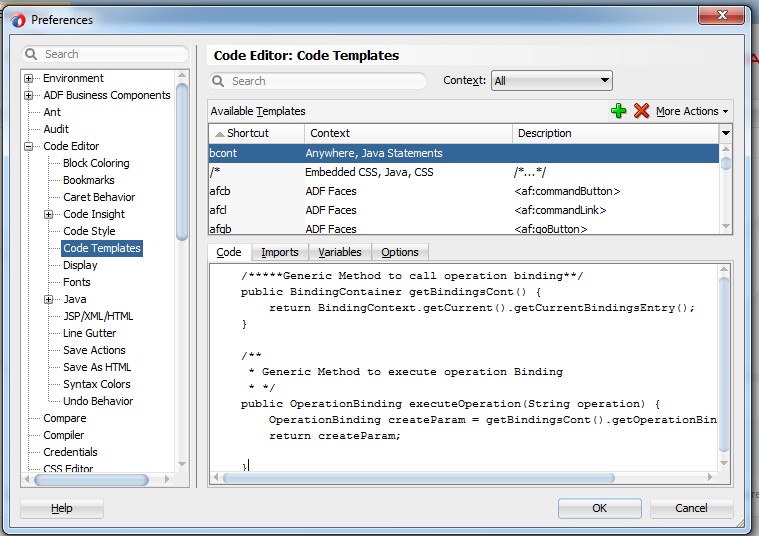 Using Code Template for Reusable codes in Jdeveloper IDE