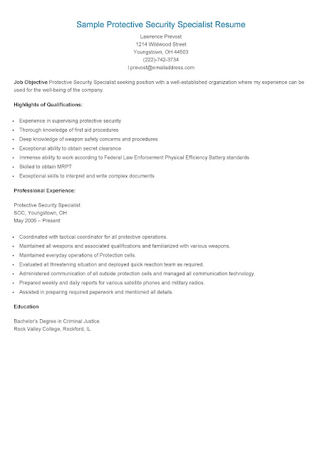 Resume Samples: Sample Protective Security Specialist Resume