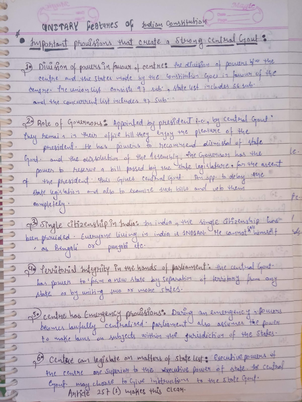 Handwritten Notes of FEDERALISM - Political Science - Class 11th ...