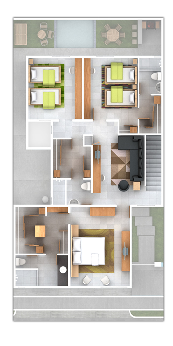 Plano de Residencia con tres recámaras cada una con baño y vestidor ...