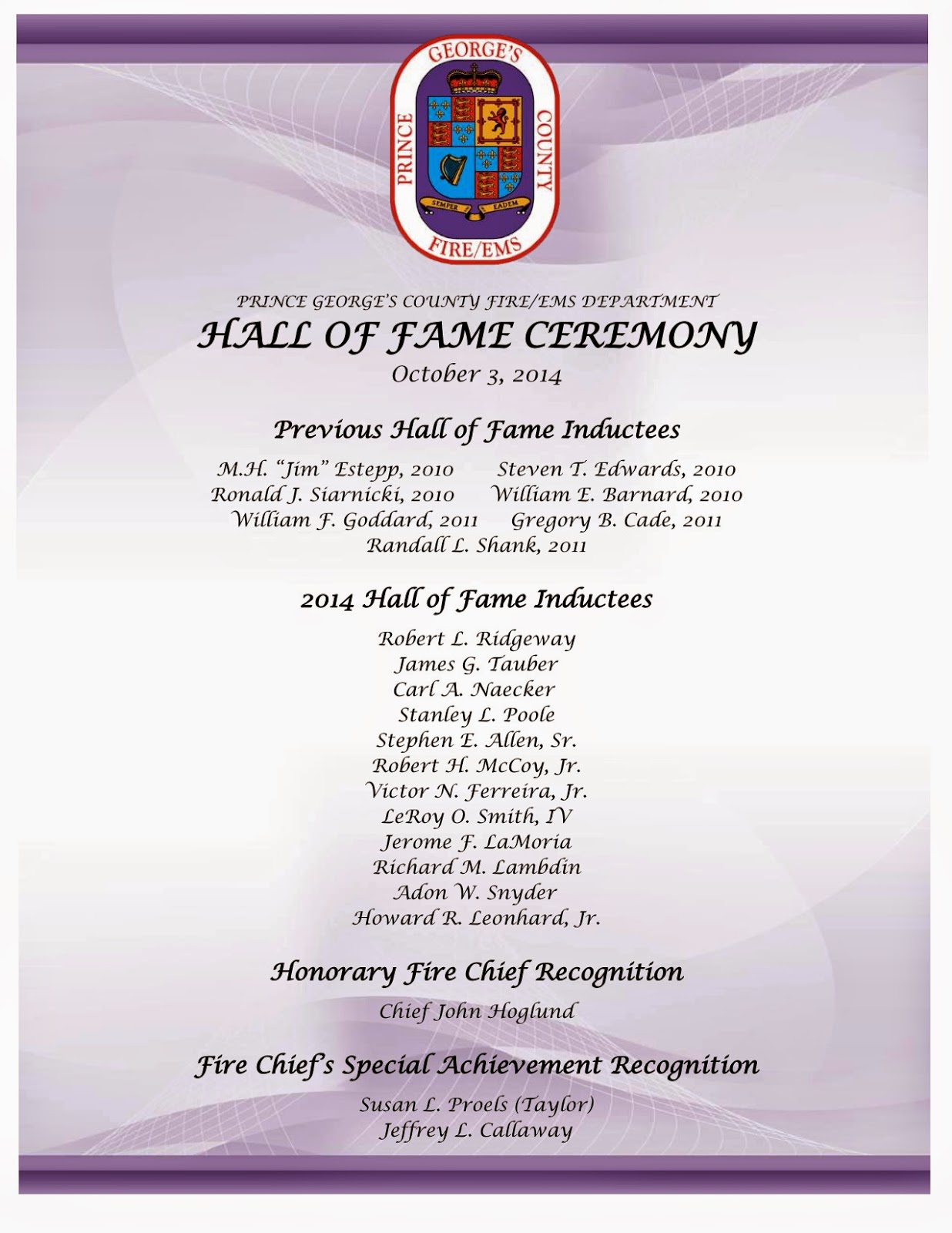 PGFD Hall of Fame, Special Recognition and the Fire Chiefs Special ...