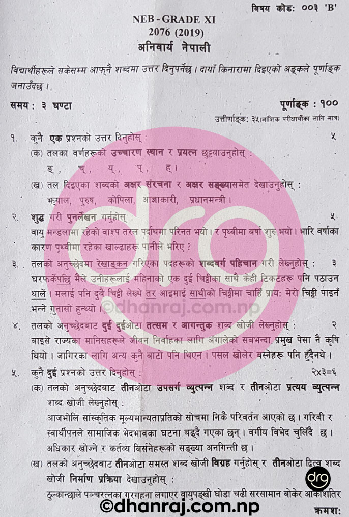 Compulsory Nepali | Grade XI | Question Paper 2076 [2019] | Subject ...
